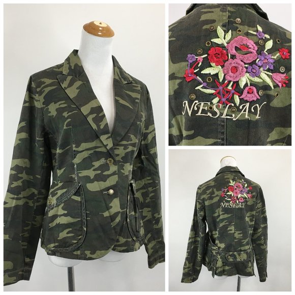 Neslay | Jackets & Coats | Nwt Neslay Camo Print Floral Logo Hardware ...